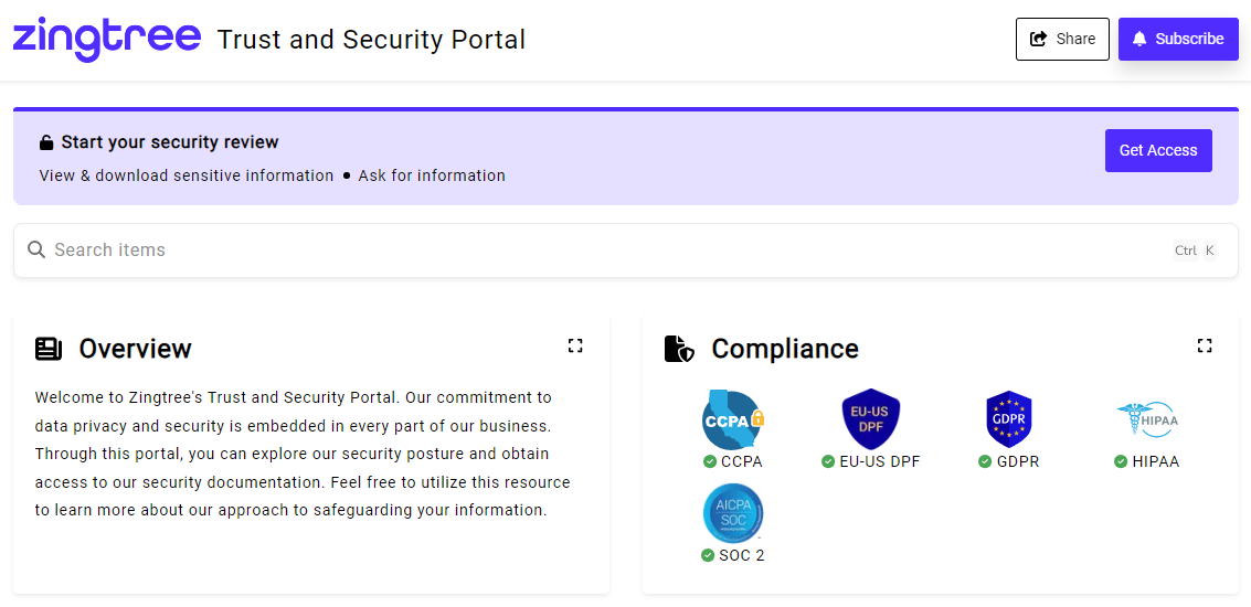 Zingtree Trust and Security Portal | Powered by SafeBase